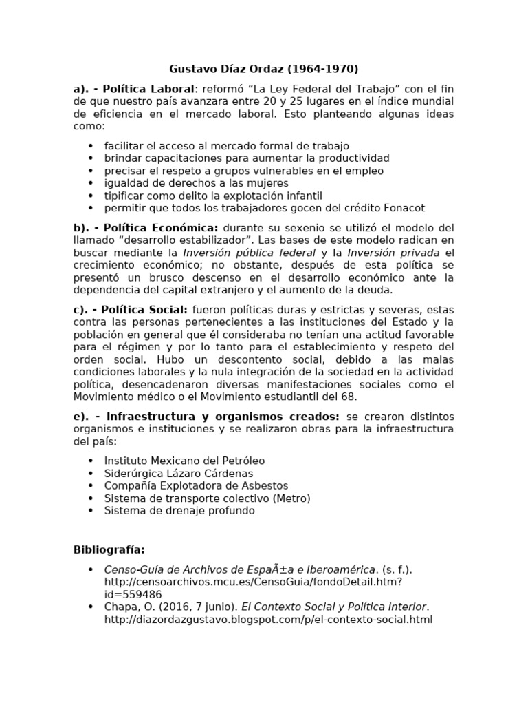Políticas de Gustavo Díaz Ordaz (1964-1970) | PDF