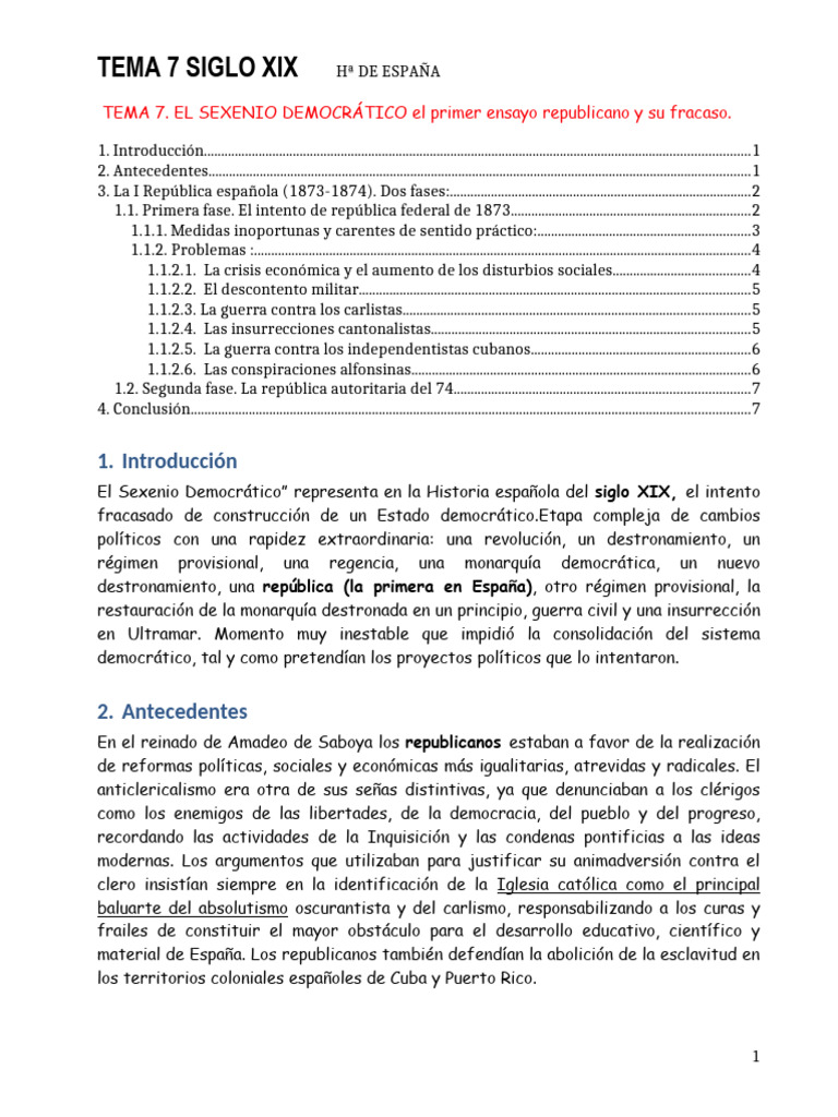 TEMA 7 El Sexenio Revolucionario LA 1ª REPÚBLICA | PDF | España | Ciencias Políticas