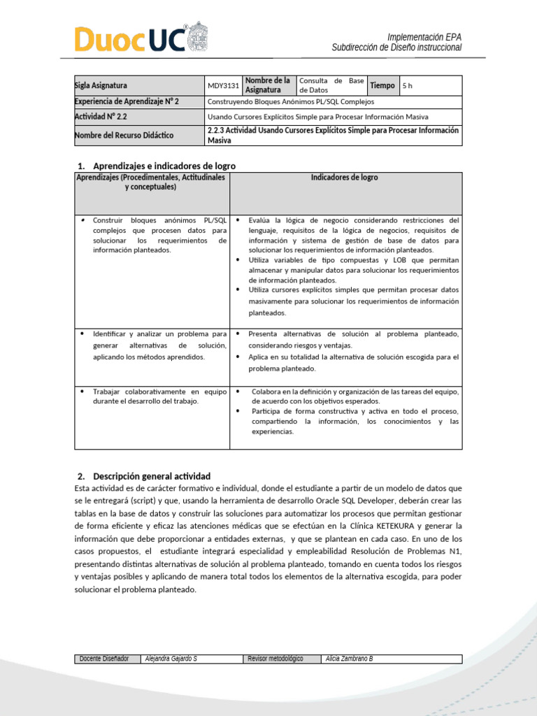 2 - 2 - 3 Actividad Usando Cursores Explicitos Simple para Procesar Informacion Masiva | PDF ...