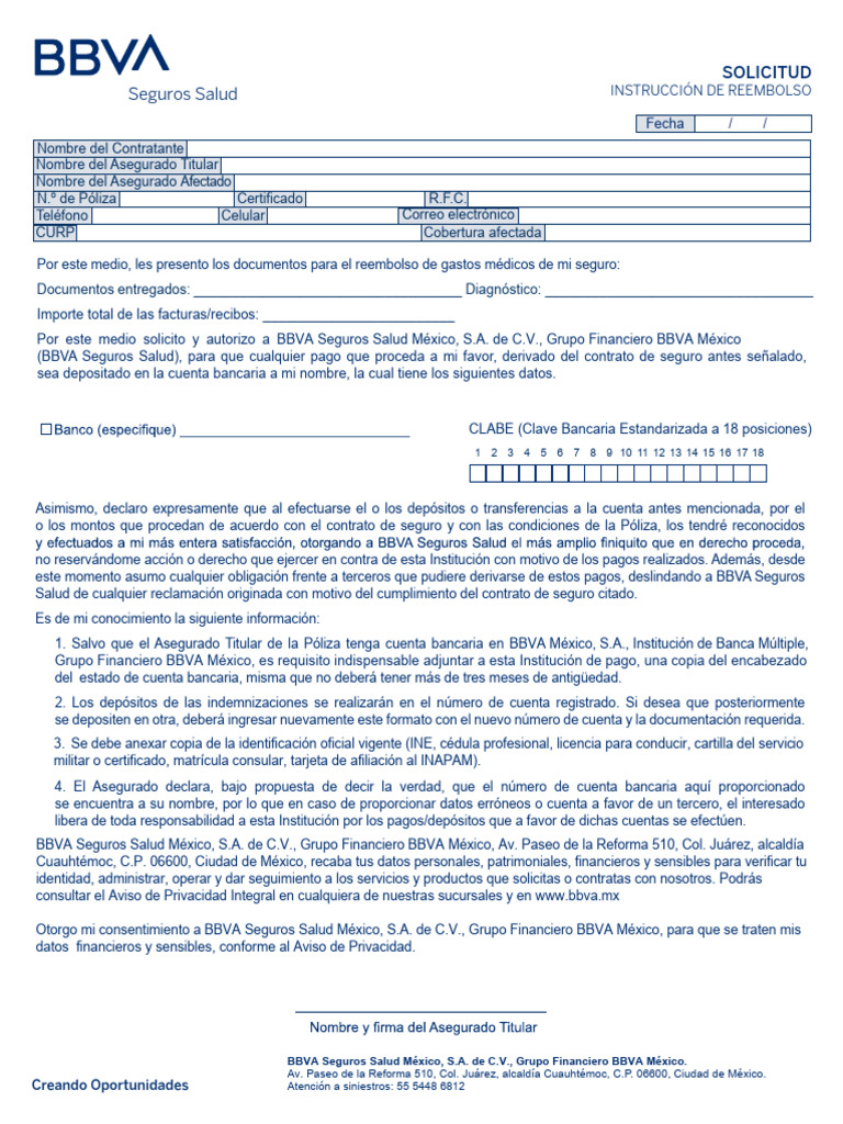 Formato Solicitud Instruccion Reembolso | PDF | Póliza de seguros | Seguro