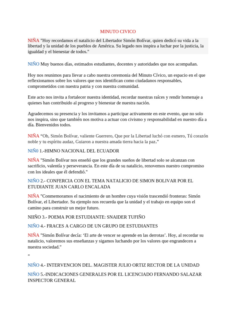 Minuto Civico Natalicio de Imon Bolivar | PDF