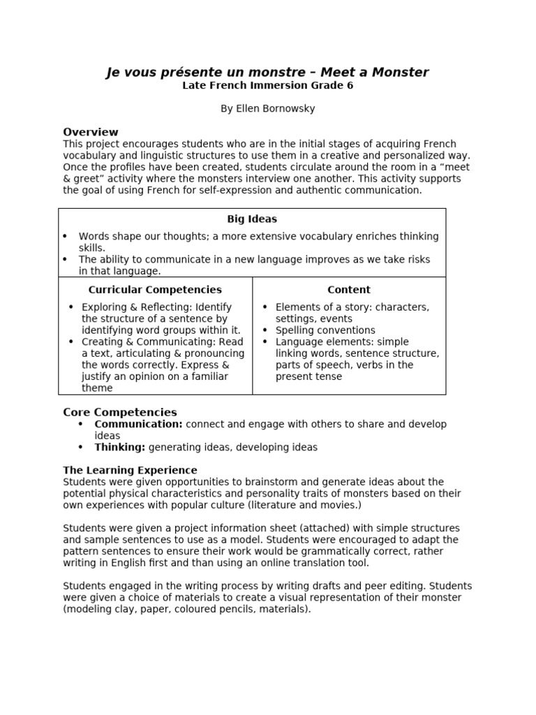 French Monster Project for Grade 6 | PDF | Word | Communication