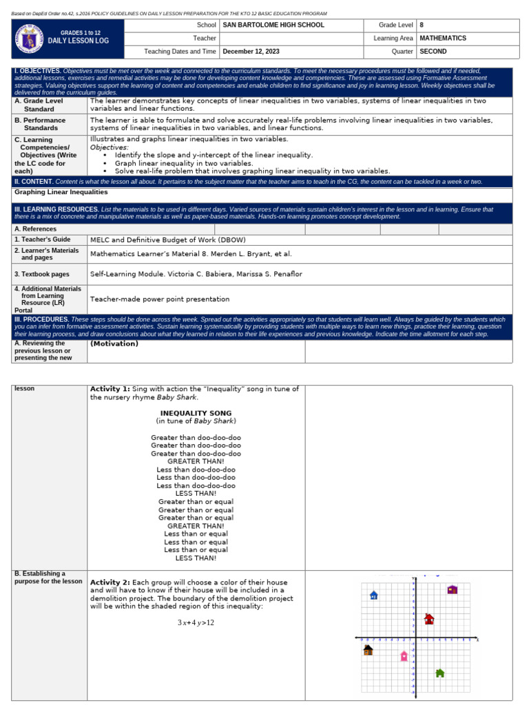Cot2 DLL Graphing Linear Inequality | PDF | Learning | Variable (Mathematics)