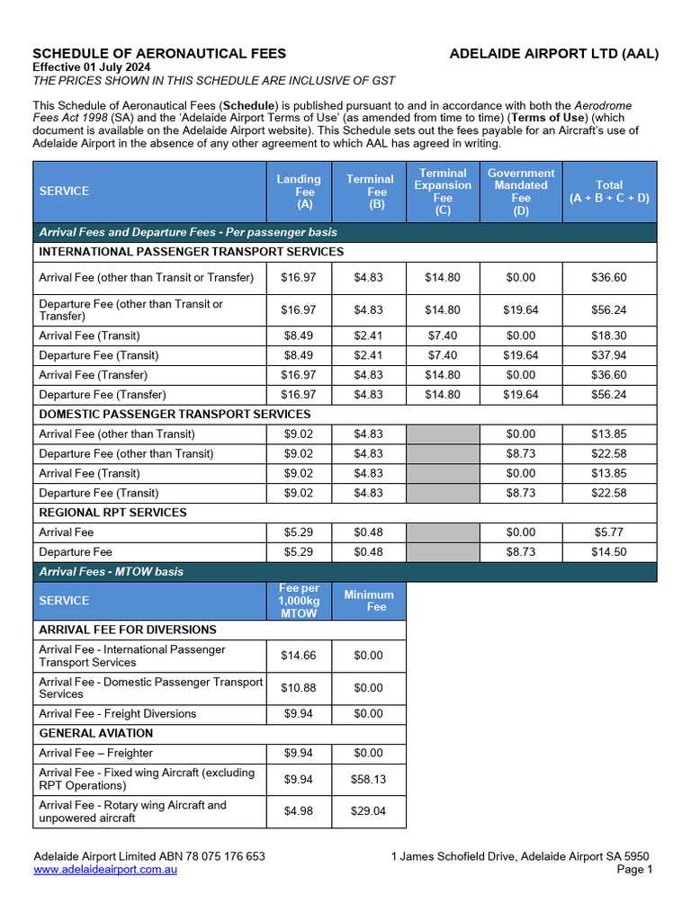 Adelaide Airport Aeronautical Fees 2024 | PDF | Airport | Transport