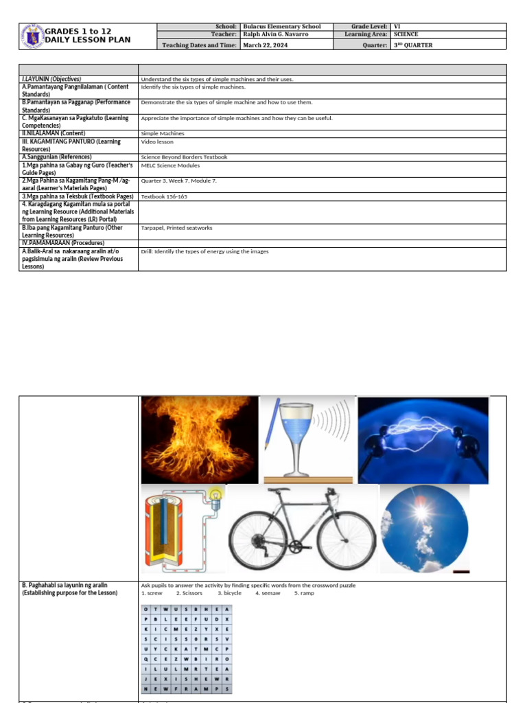 Lesson Plan Science Quarter 3, Week 7 | PDF | Machines | Mechanical ...