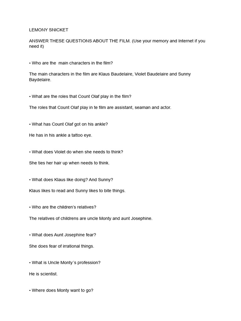 Lemony Snicket Group Work | PDF