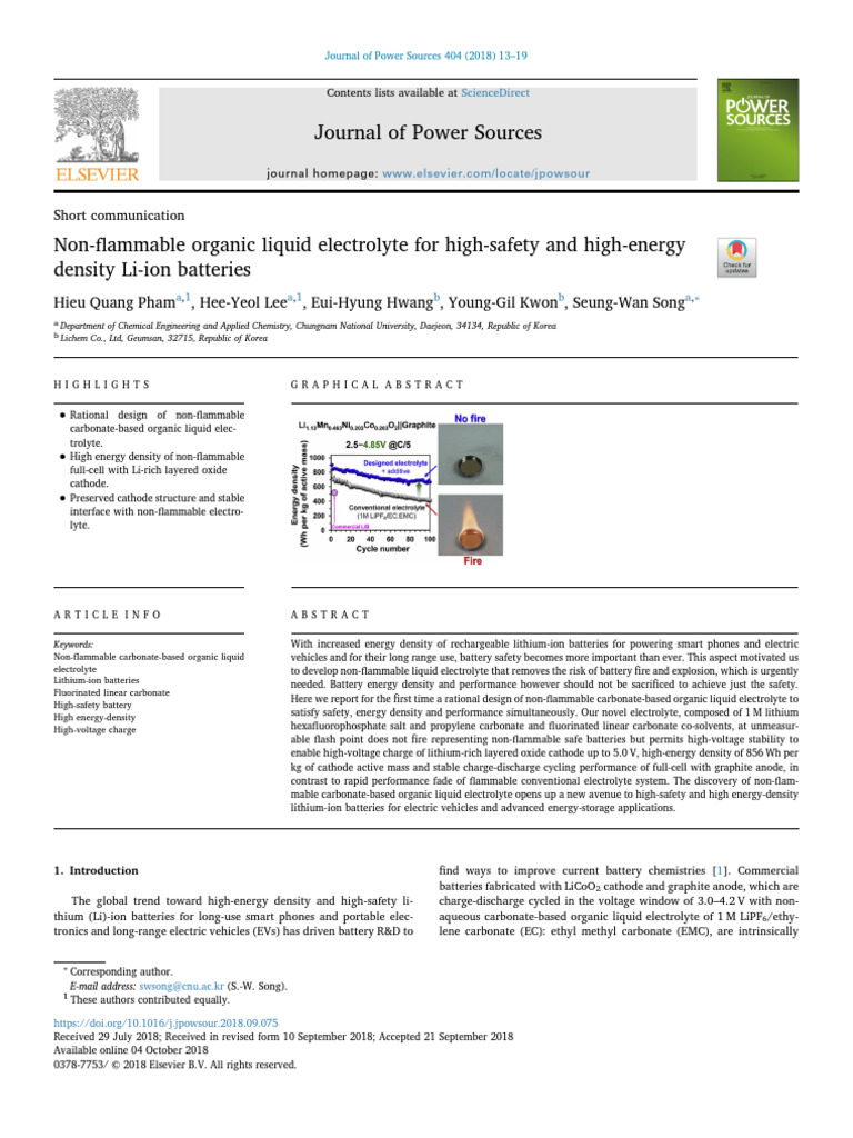 Non-Flammable Organic Liquid Electrolyte For High-Safety and High ...