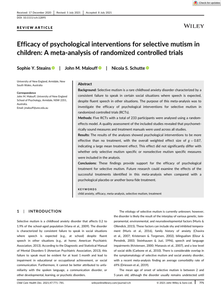 Efficacy of Treatments for Selective Mutism | PDF | Meta Analysis ...