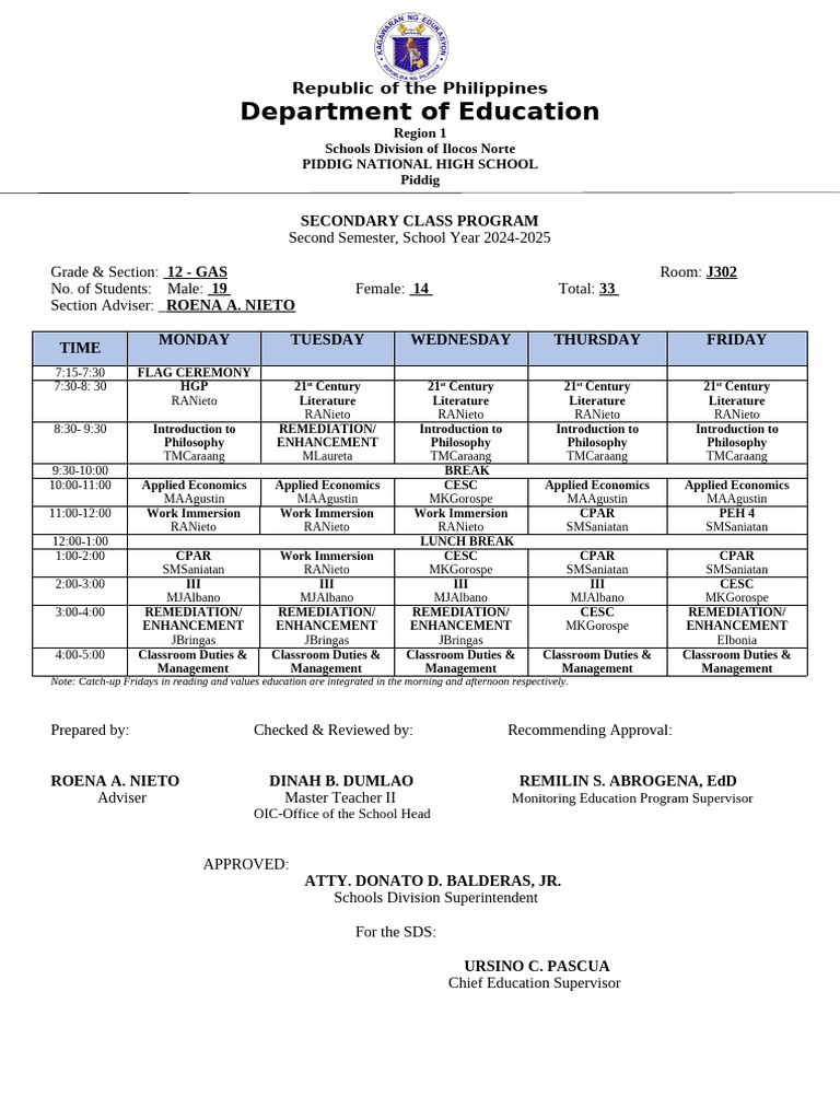 12 GAS Secondary Class Program and Teachers Class Scedule 2024 2025 ...