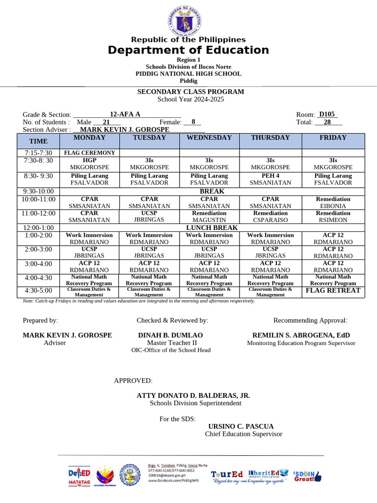 MKJGOROSPE - 12AFA A - Secondary Class Program and Teachers Class ...