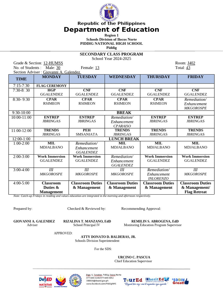 12 HUMSS - Secondary Class Program and Teachers Class Schedule 2024 2025 SECOND SEMESTER | PDF ...