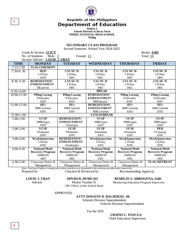 12 ICT Teacher Class Transferee Schedule 2024 | PDF | Education Theory ...