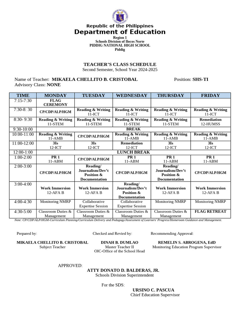 MCBCristobal Teacher Schedule 2024 | PDF | Cognition | Education Theory