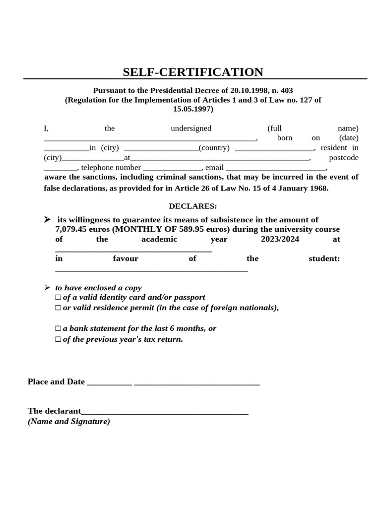 Self-Certification Form for Students | PDF
