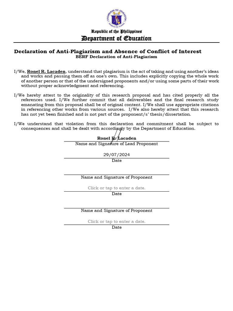 Annex 3 Declaration of Anti Plagiarism Absence of Conflict of Interest ...