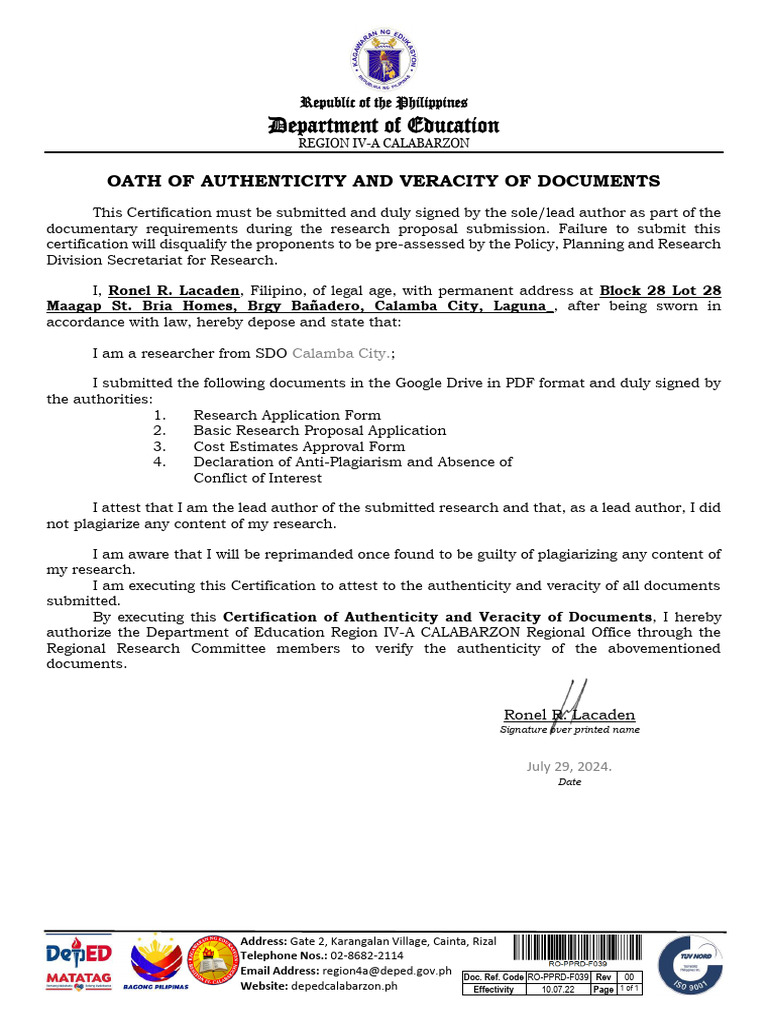 Certification of Document Authenticity | PDF
