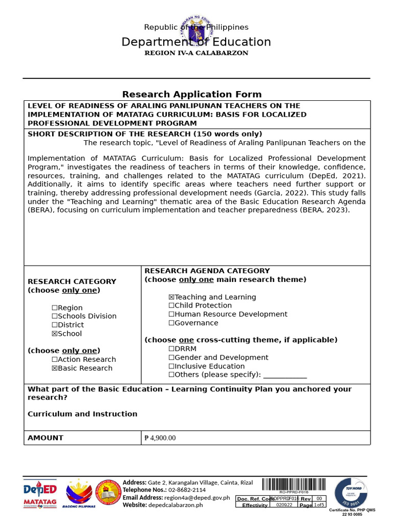 Research Application Form - Lacaden | PDF | Curriculum | Learning