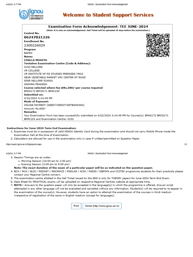 IGNOU - Examination Form Acknowledgement | PDF | Banking Technology ...