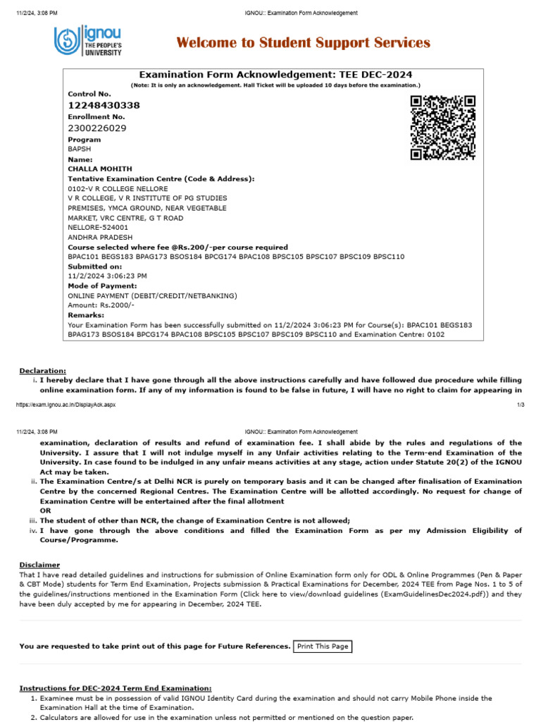 IGNOU__ Examination Form Acknowledgement.pdf New | PDF