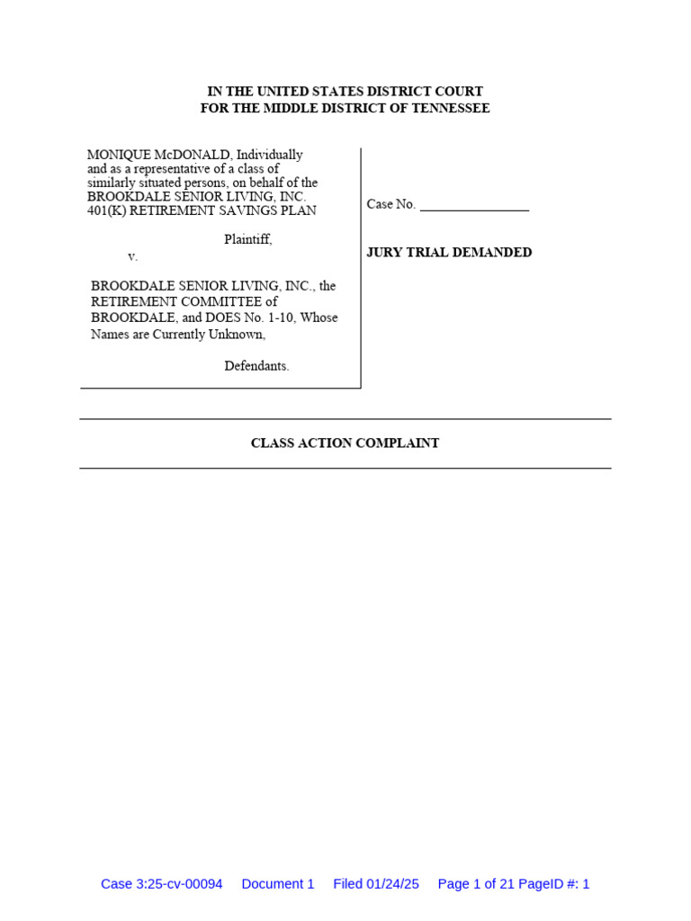 ERISA Class Action Against Brookdale | PDF | Legal Remedy | Class Action