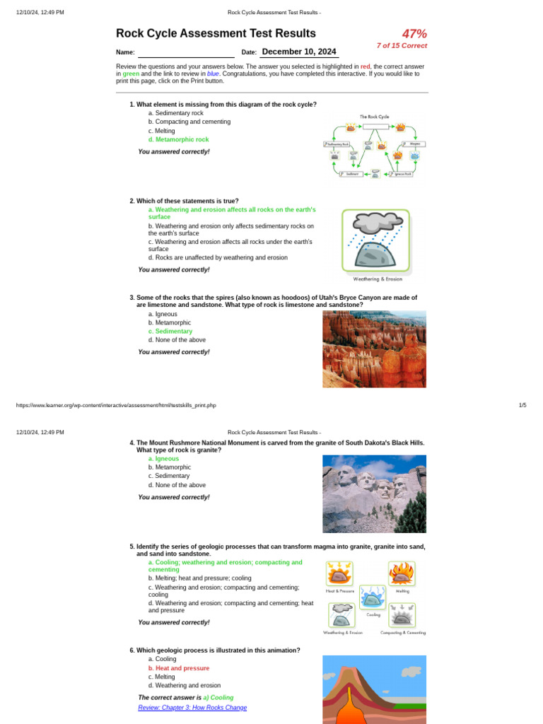 Rock Cycle Assessment Test Results - | PDF | Rock (Geology) | Igneous Rock