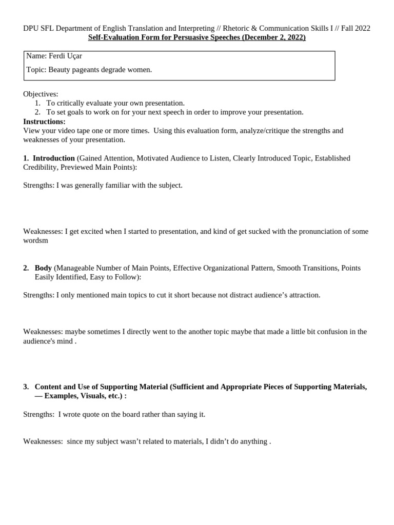 Self-Evaluation Form, Informative Speeches | PDF | Rhetoric | Speech