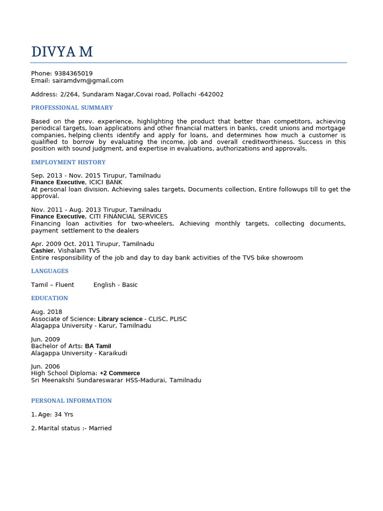 Finance Executive Resume - Divya M | PDF