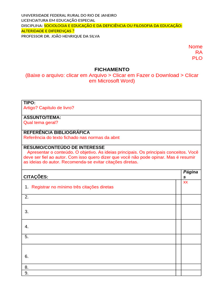 Modelo de Fichamento | PDF