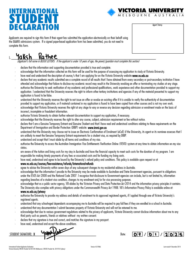 International Student Application Declaration | PDF | Travel Visa
