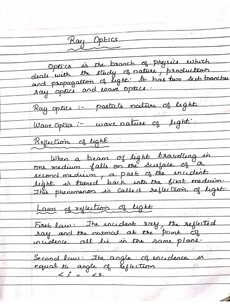 Ray Optics Handwritten Notes | PDF