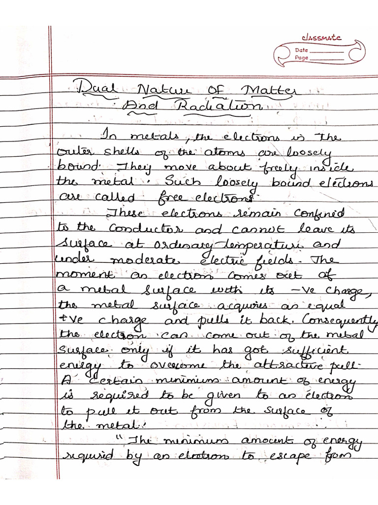 Dual Nature of Matter and Radiation Handwritten Notes | PDF