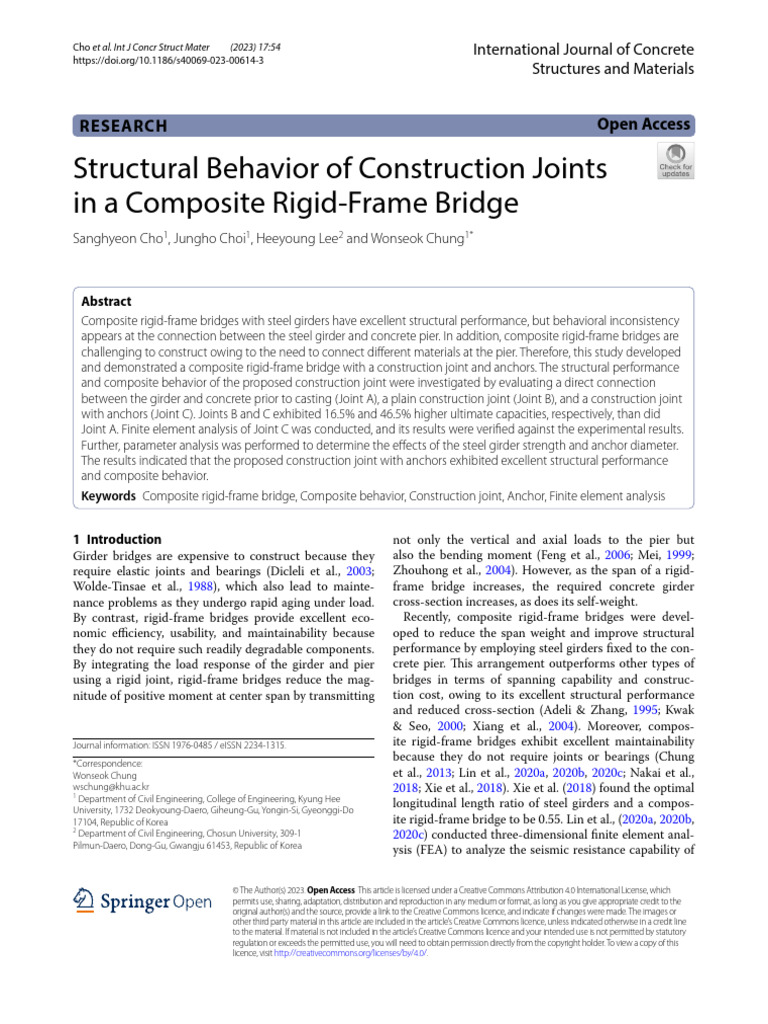 Structural Behavior of Construction Joints in A Composite Rigid Frame ...