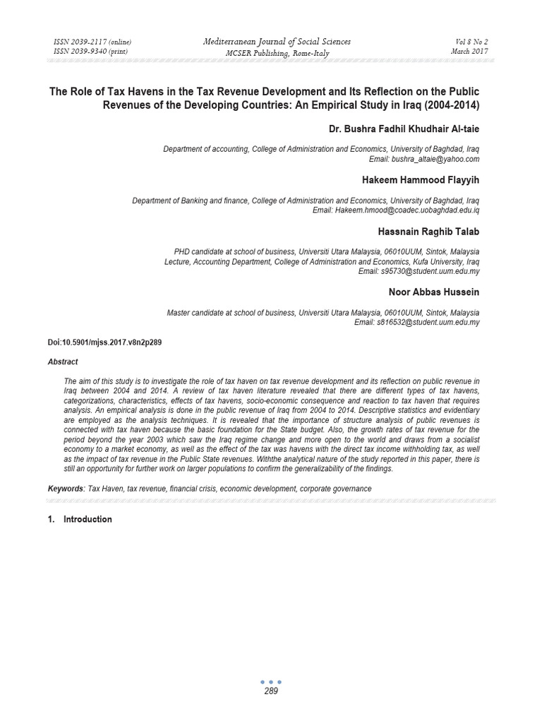The Role of Tax Havens in The Tax Revenue Development and Its ...