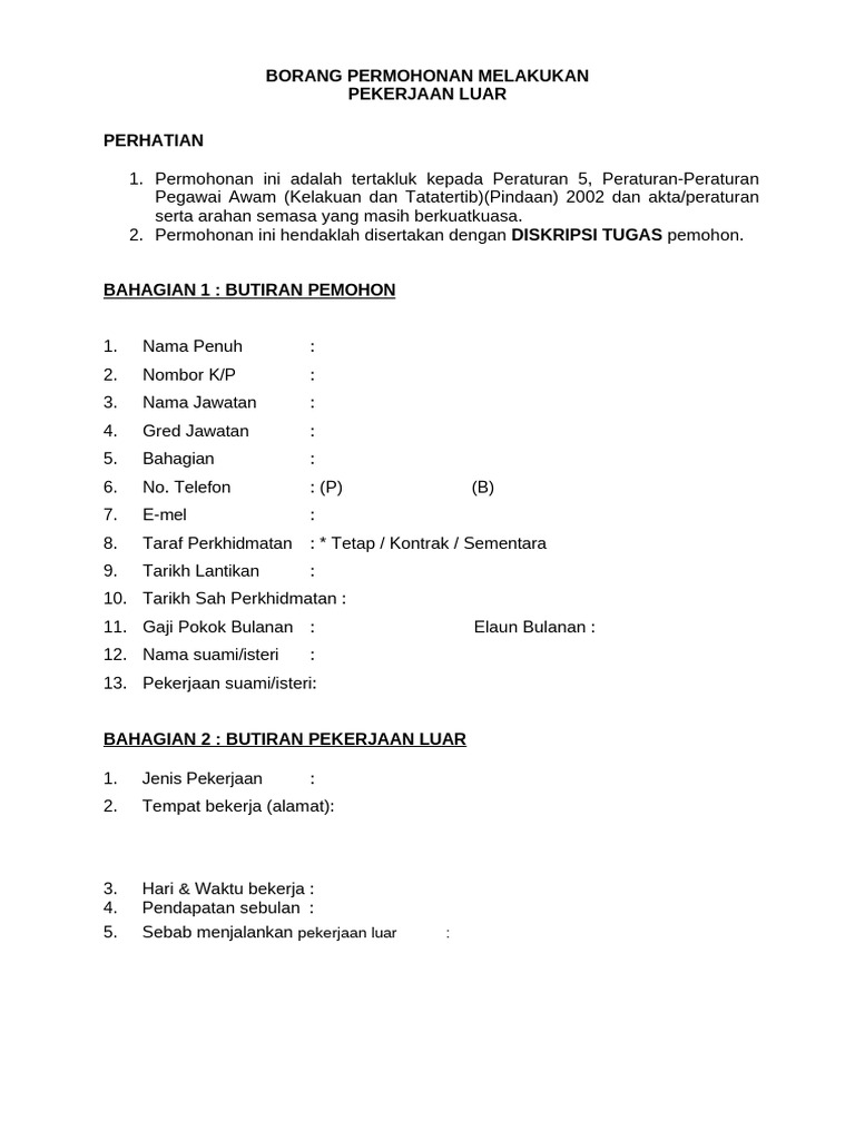 Garisan Panduan dan Borang Kebenaran Pekerjaan Luar | PDF