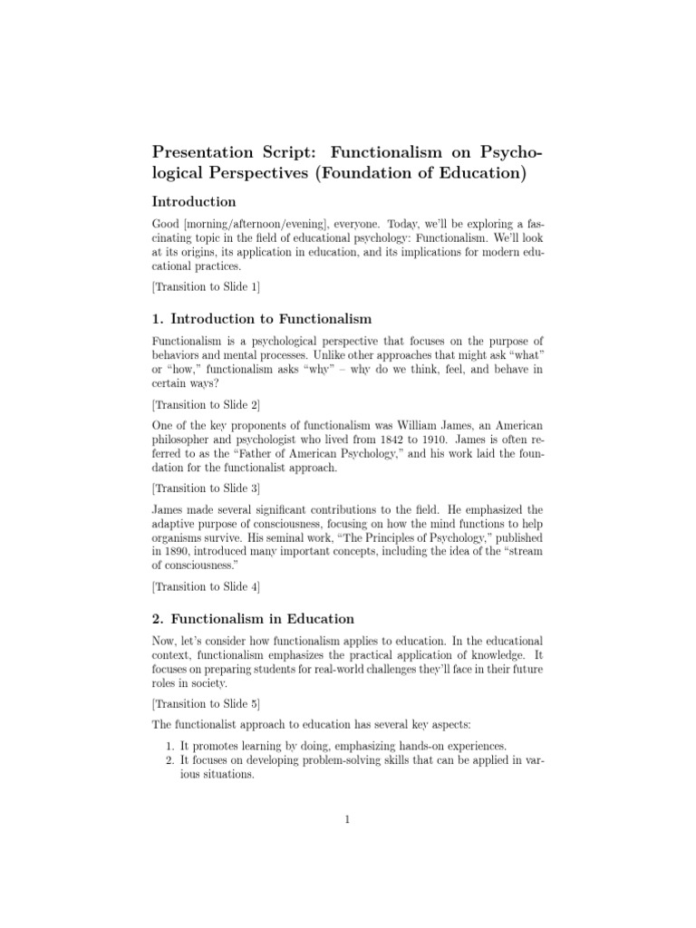 Functionalism Presentation Script | PDF | Psychology | Cognitive Science
