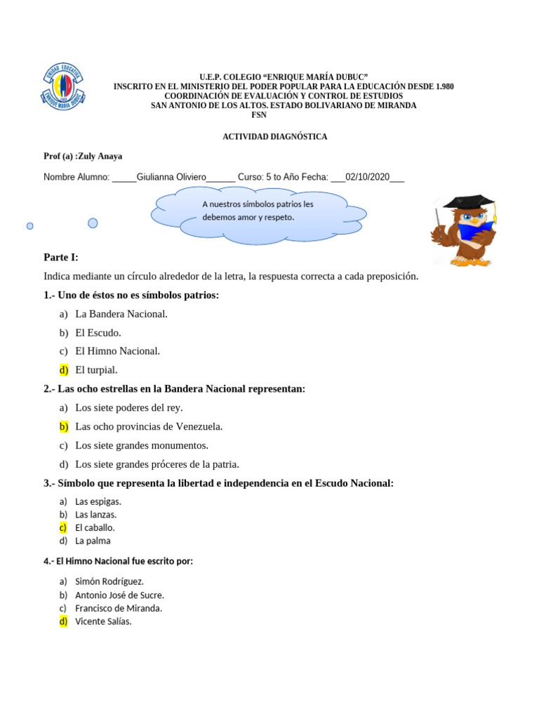 Giulianna Oliviero - DIAGNÓSTICO DE 5TO AÑO DE FSN | PDF