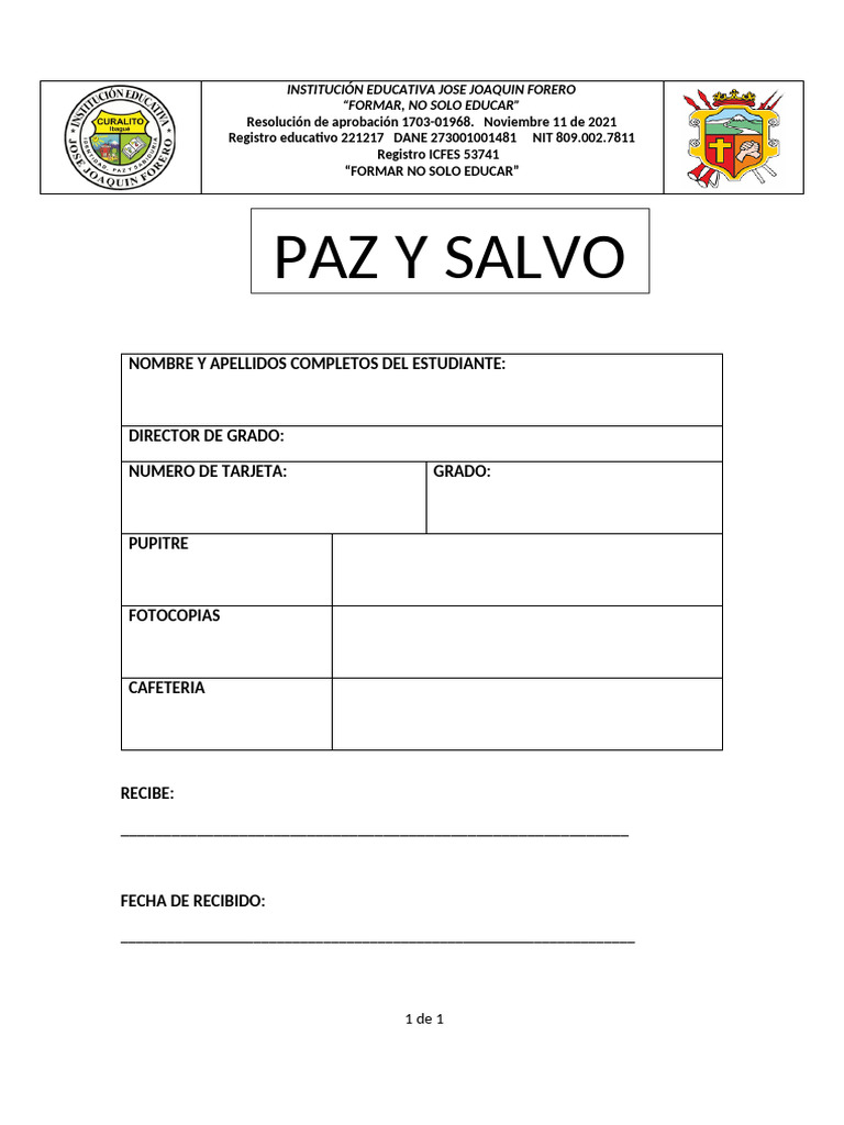 Certificado Paz y Salvo Escolar | PDF