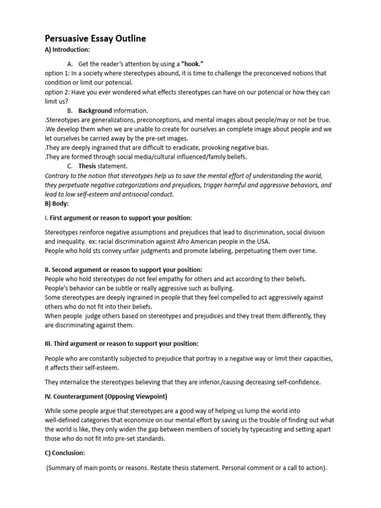essay outline- argumentative essay | PDF | Stereotypes | Prejudices