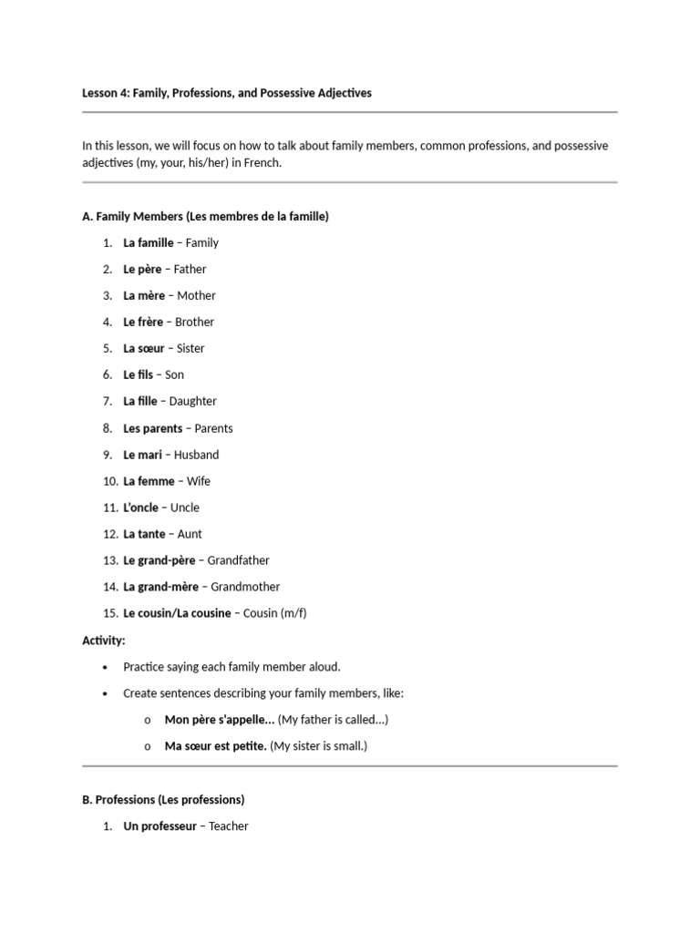 French Beginner Lesson 4 | PDF | Grammatical Gender | Plural