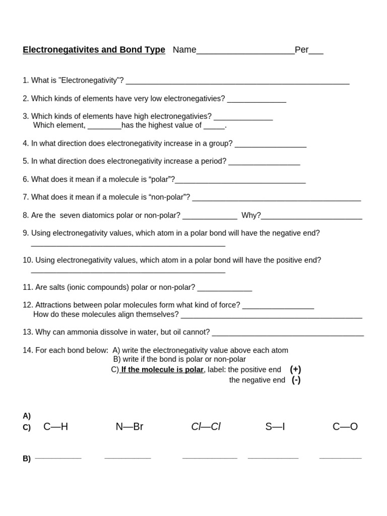 Polarity and Electronegativites Worksheet | PDF