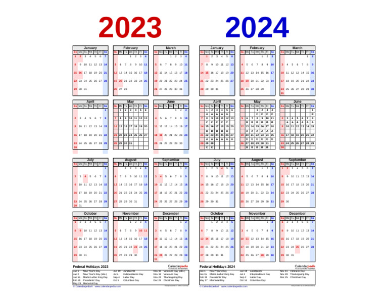 Two Year Calendar 2023 2024 Landscape Side by Side Red Blue | PDF | The ...
