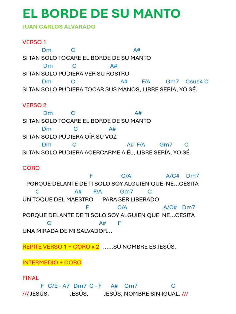 El Borde de Su Manto Acordes | PDF