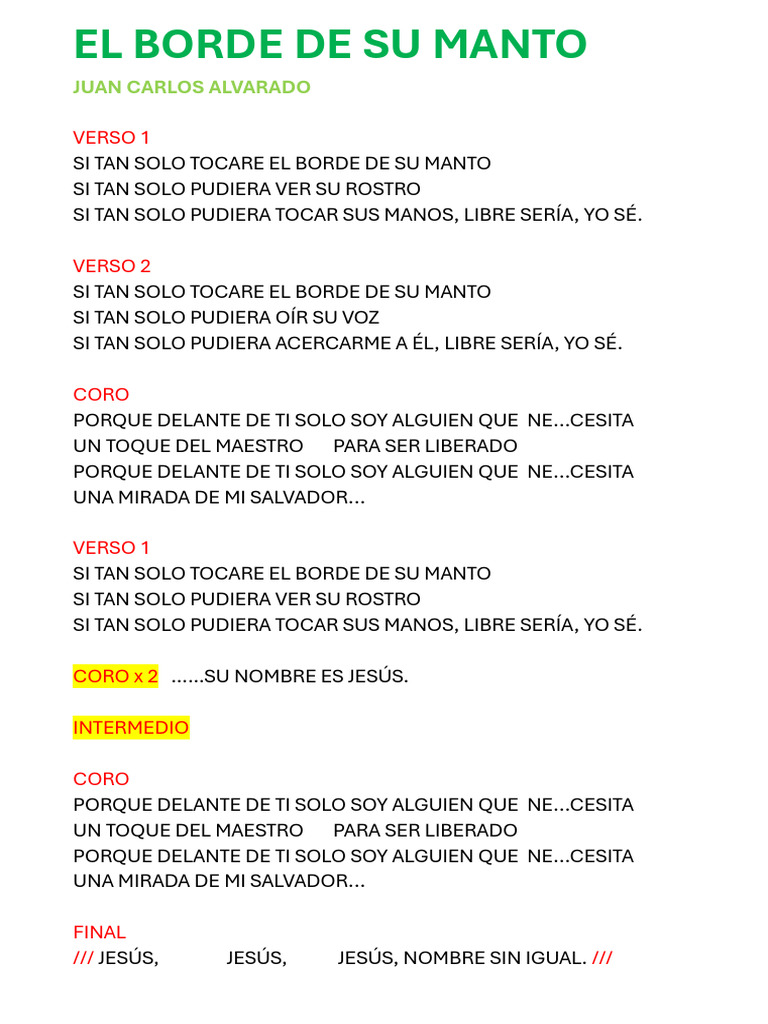 El Borde de Su Manto - Letra y Acordes | PDF