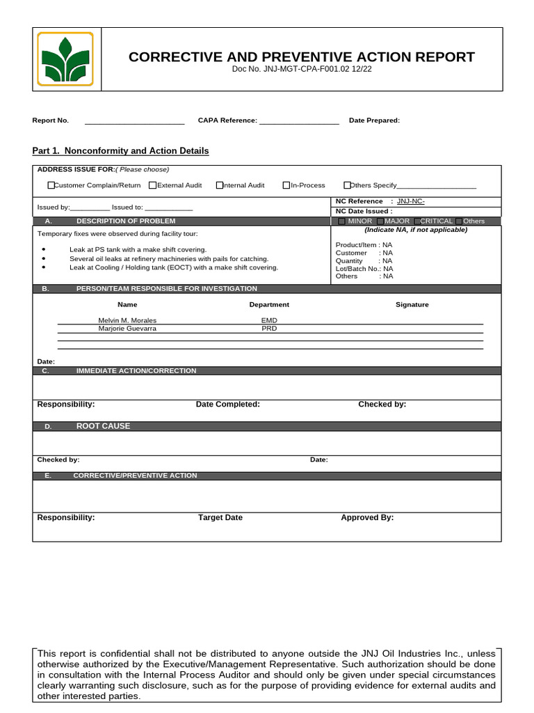 Corrective and Preventive Action Report | PDF