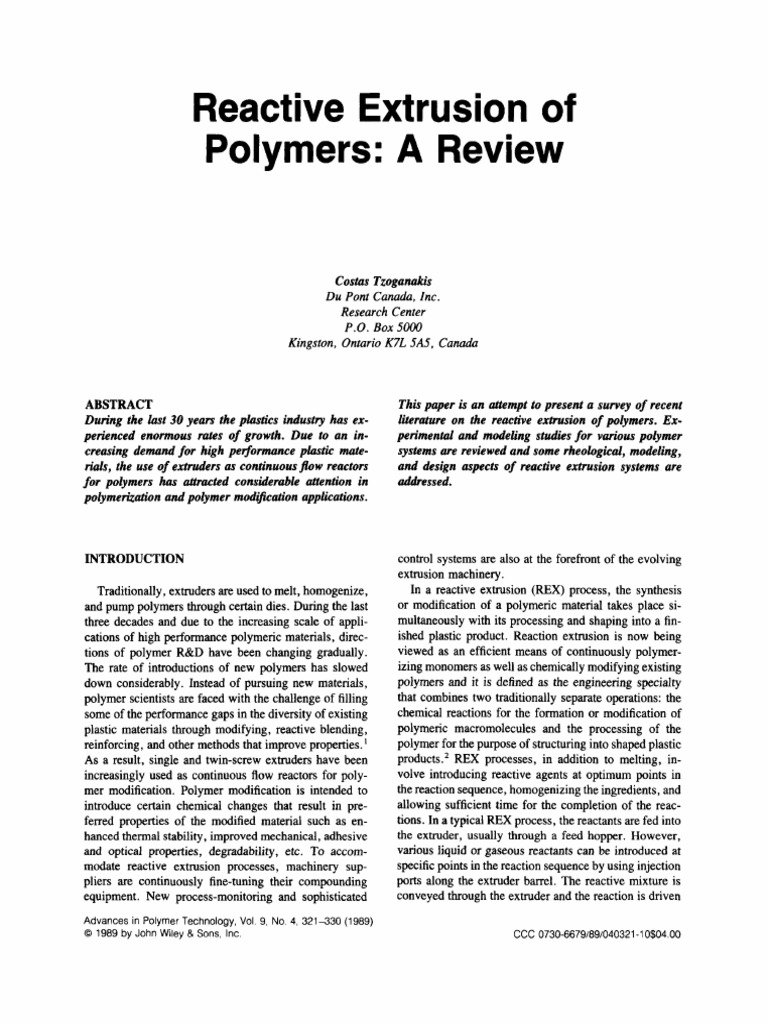 Adv Polym Technol - Winter 1989 - Tzoganakis - Reactive Extrusion of Polymers A Review | PDF ...