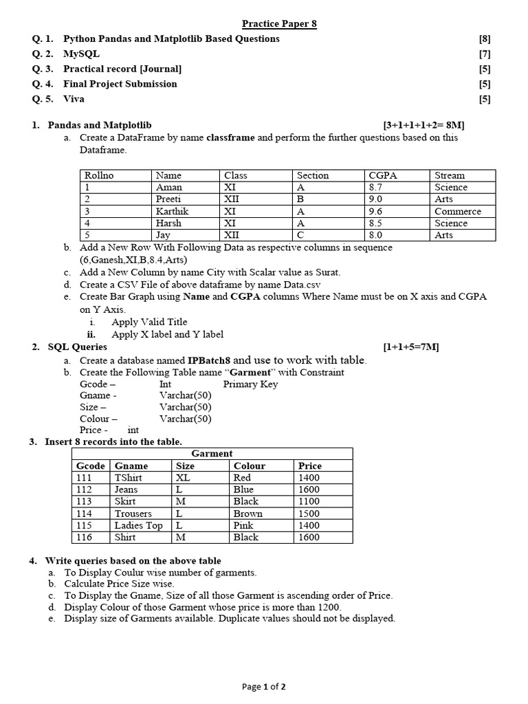 Practice Paper 8 | PDF | Table (Database) | Computer Programming