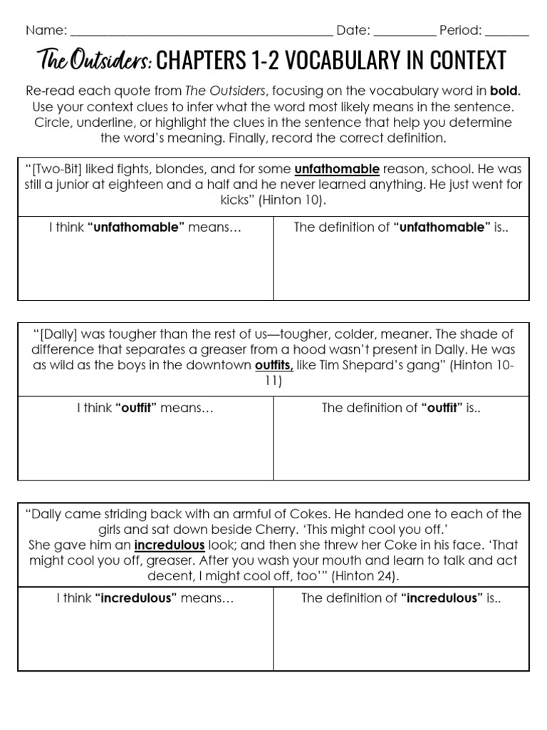 04 - The Outsiders Vocabulary in Context Graphic Organizers - Practice ...