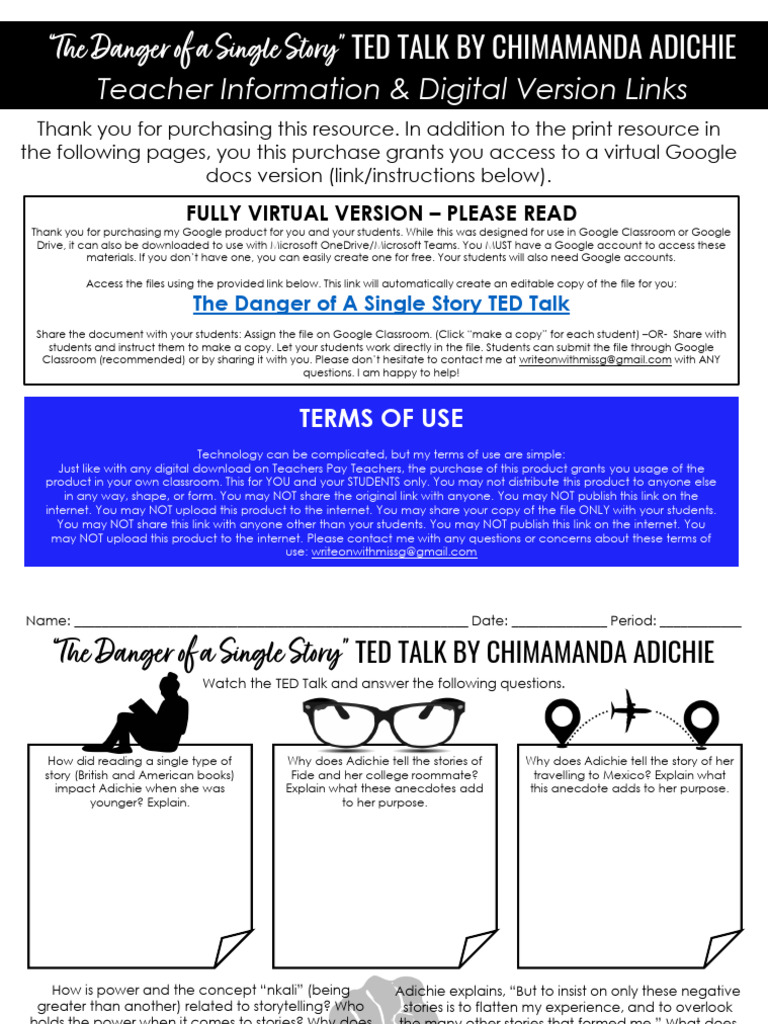 03 - The Danger of A Single Story TED Talk - Beginning of The Year ELA ...