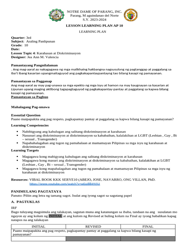 3rd LESSON PLAN (Diskriminasyon) | PDF