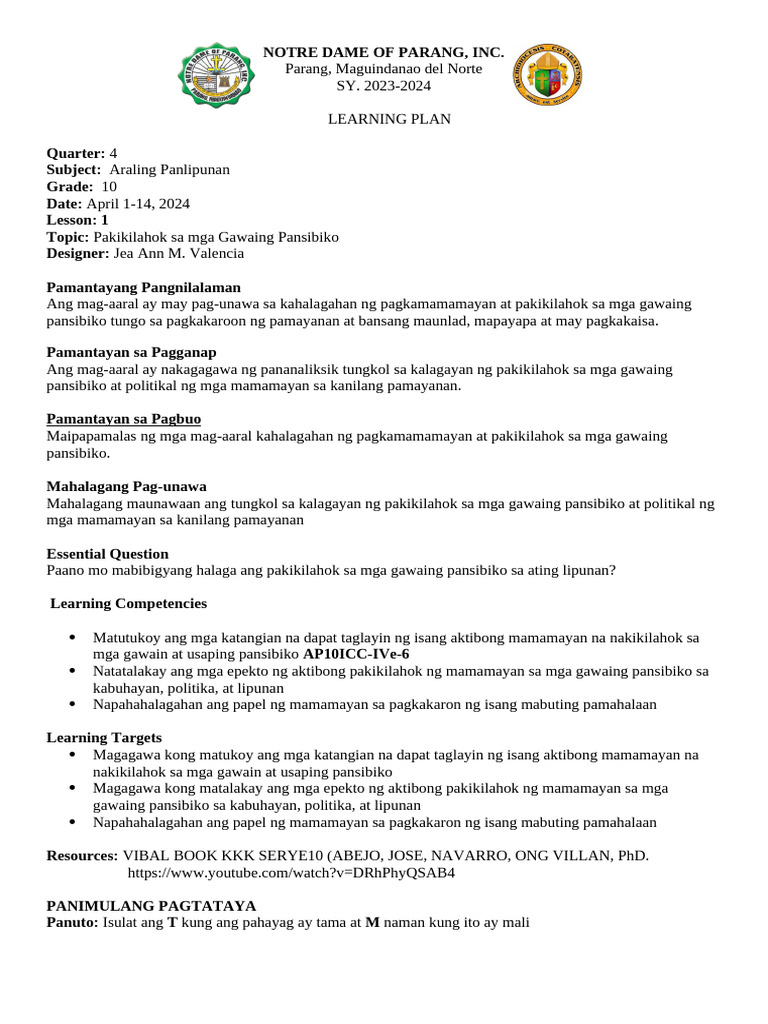 4TH AP LESSON PLAN (Gawaing Pansibiko) | PDF